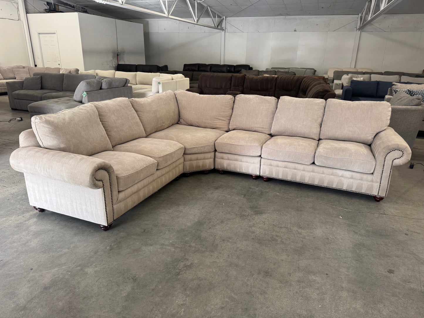 Beige Down-Filled L-Shape Sofa with Ornate Trim – Couchy Store